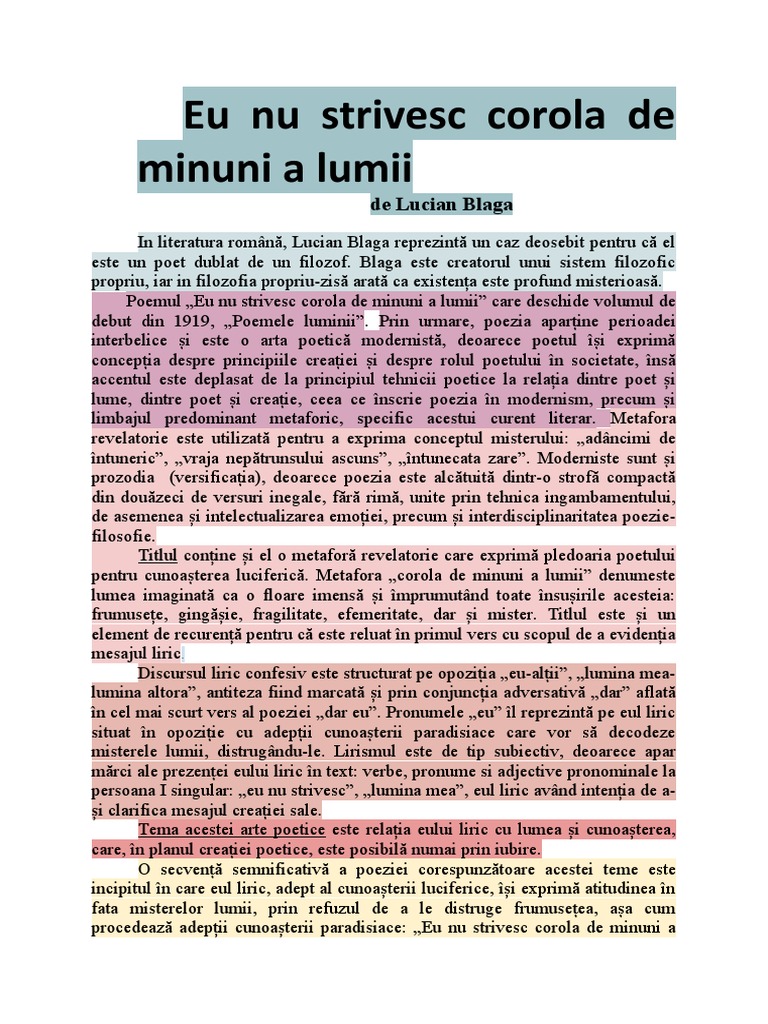 Eu Nu Strivesc Corola de Minuni A Lumii - Lucian Blaga | PDF