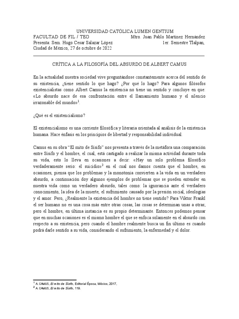 Critica A La Filosofia Del Absurdo | PDF | Albert Camus | Existencialismo