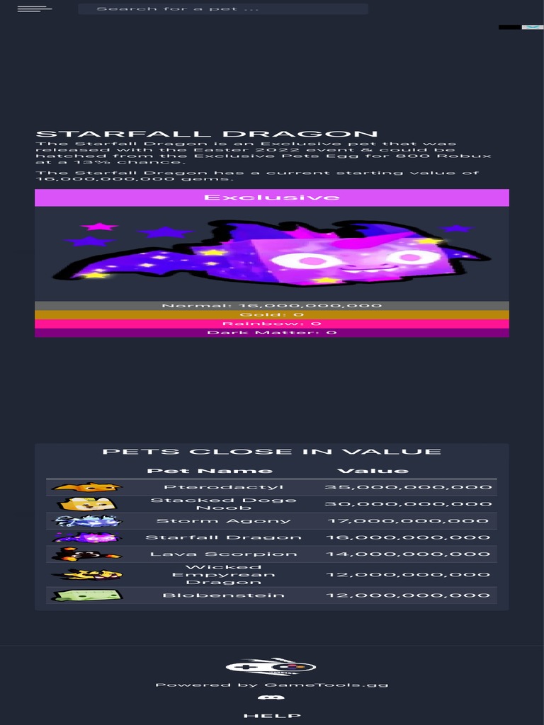 Starfall Dragon Value Pet Sim X Value List | PDF