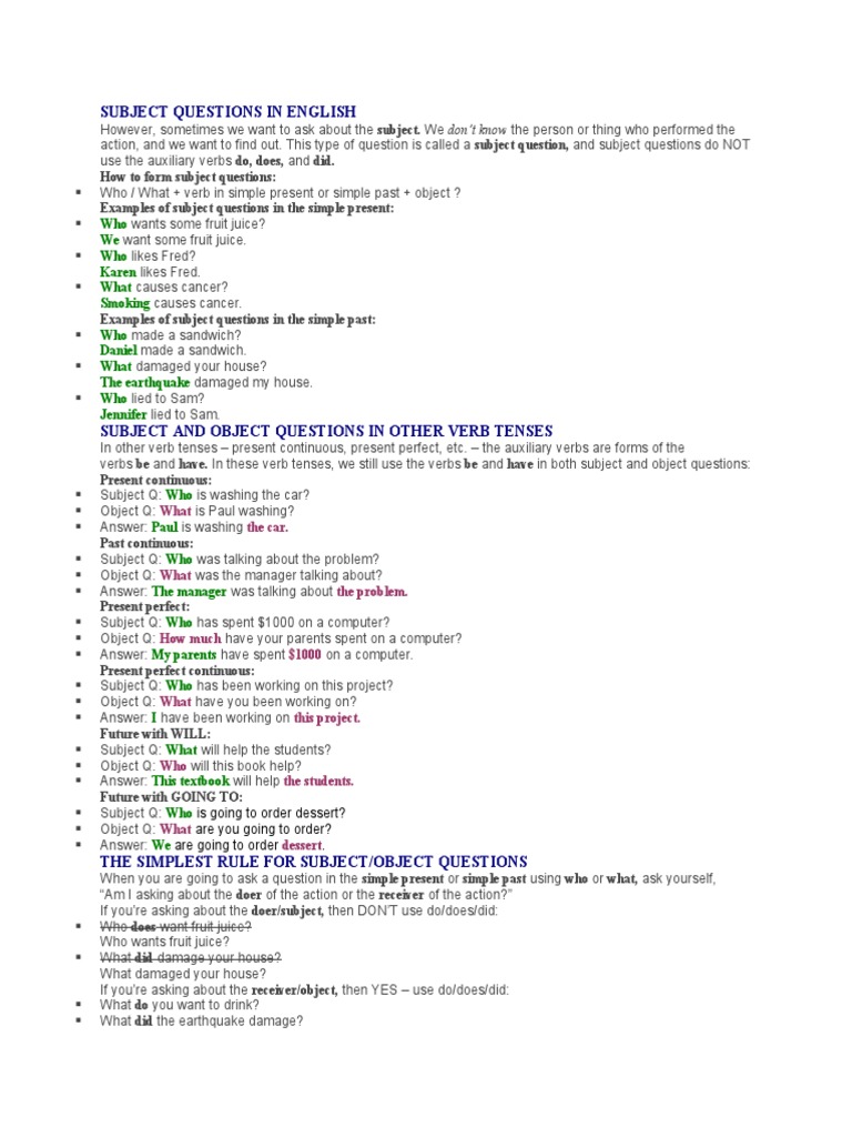 Understanding Subject Questions in English | PDF | Verb | Semantic Units
