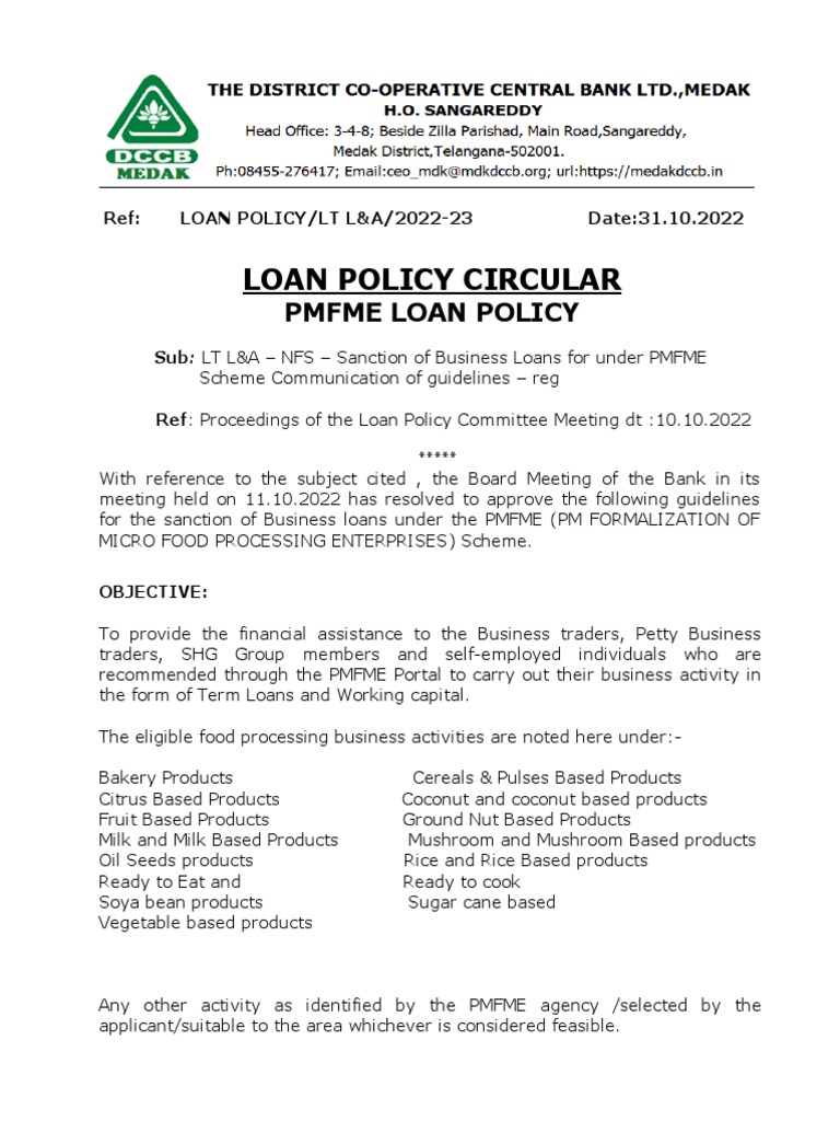 Pmfme Loan Policy | PDF | Loans | Mortgage Loan