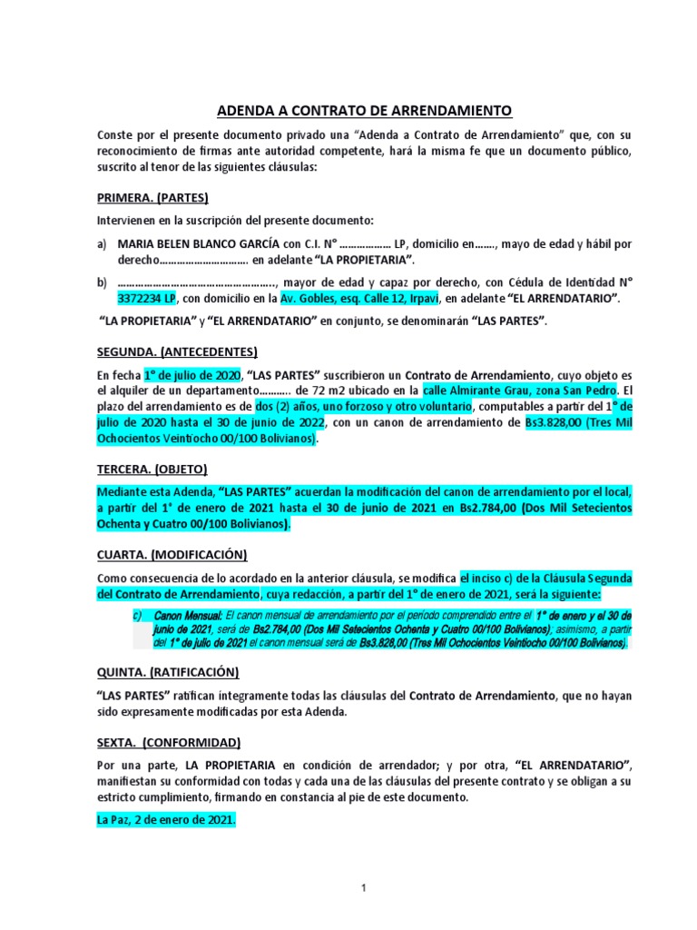 Modelo ADENDA A CONTRATO DE ARRENDAMIENTO | PDF