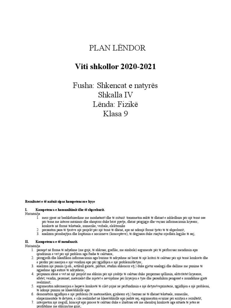 Fizika 9 Plani Mesimor 2020 2021 1 | PDF