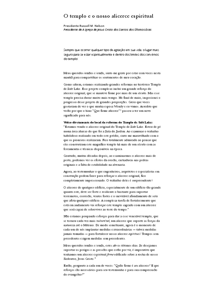 O Templo e o Nosso Alicerce Espiritual | PDF
