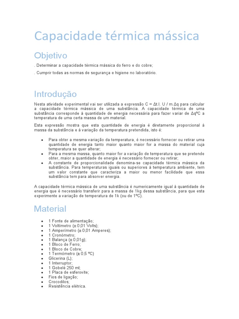 Capacidade Térmica Mássica | PDF | Temperatura | Capacidade térmica