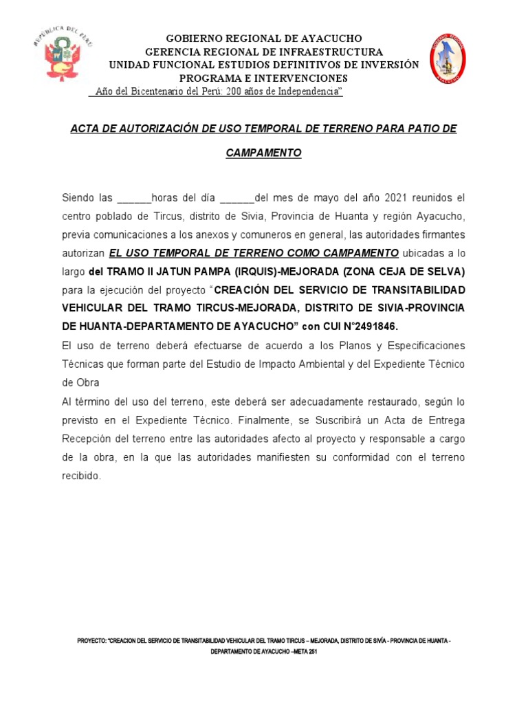 13.acta de Autorización de Uso Temporal de Terreno para Patio de Campamento (Zona Selva) | PDF