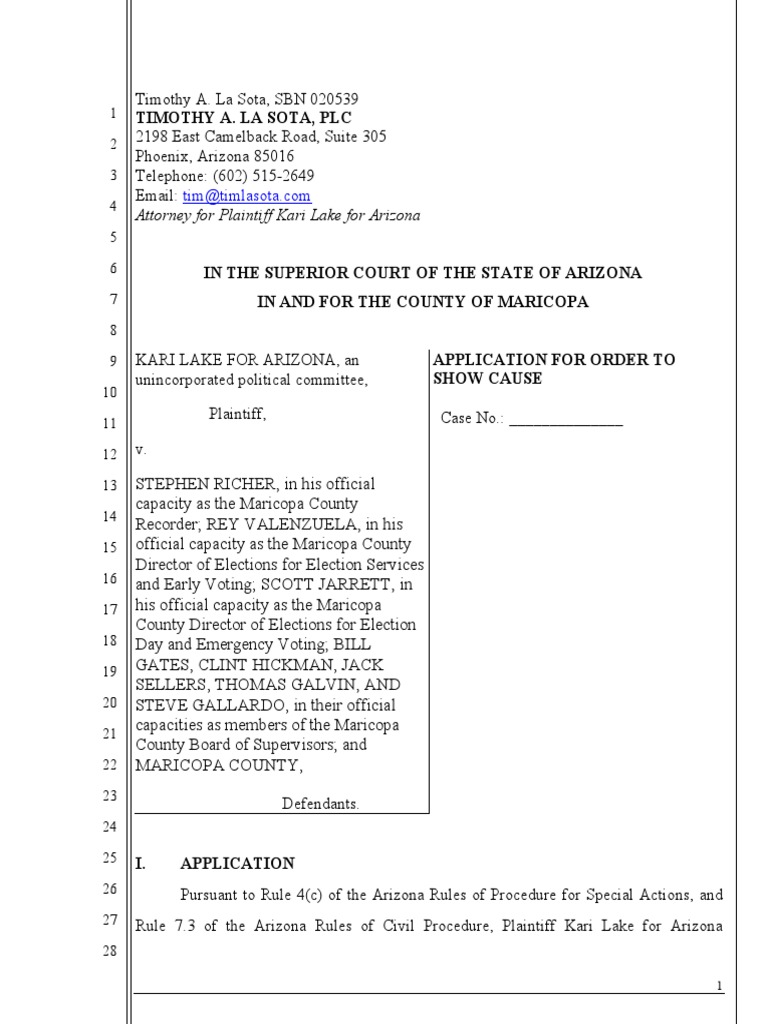 Kari Lake Application For Order To Show Cause | PDF Kari Lake Application For Order To Show Cause | PDF
