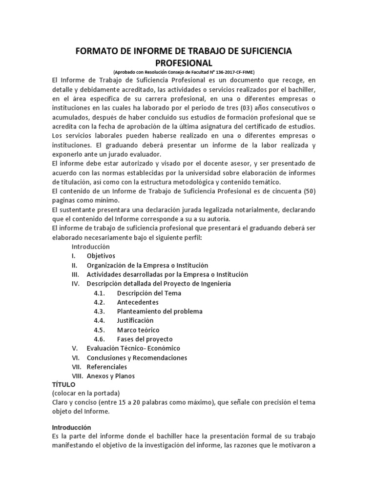 Formato Informe de Trabajo de Suficiencia Profesional | PDF | Sumario ...