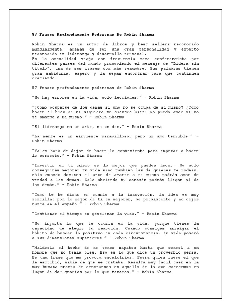 87 Frases Profundamente Poderosas de Robin Sharma | PDF
