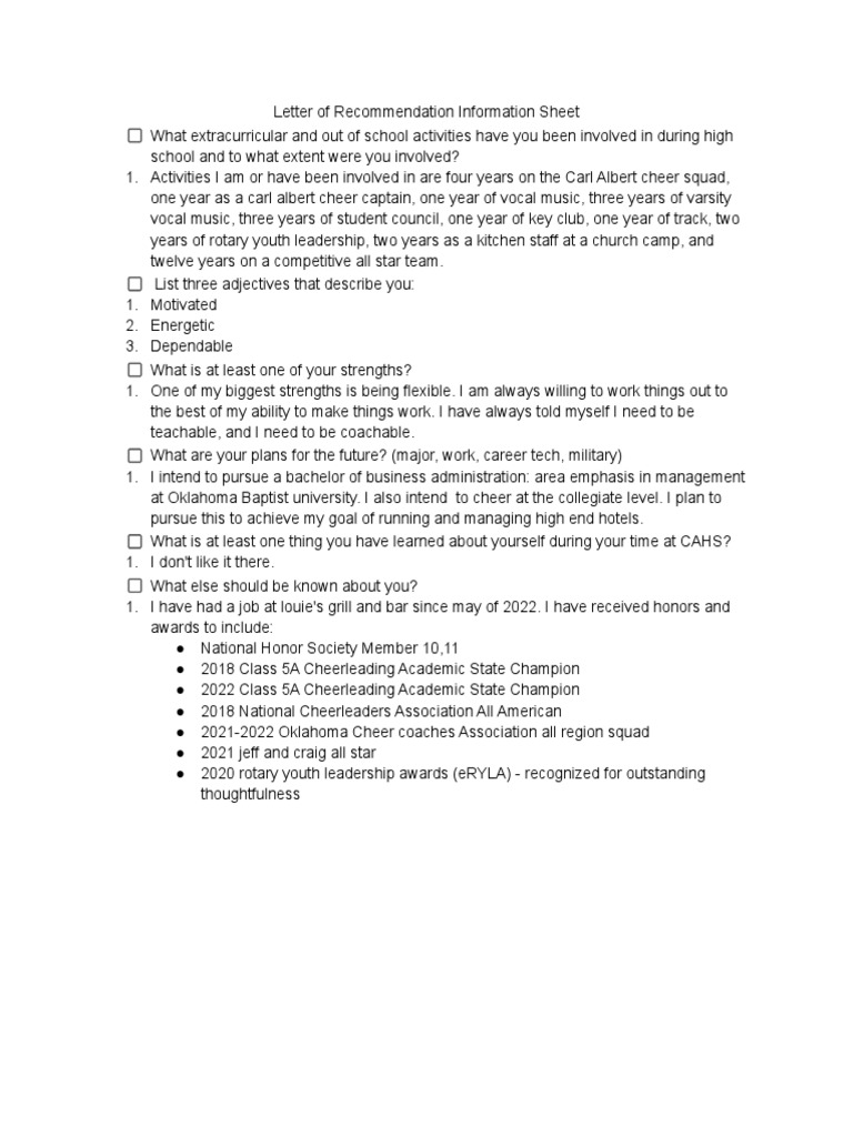 Letter of Recommendation Information Sheet | PDF Letter of Recommendation Information Sheet | PDF
