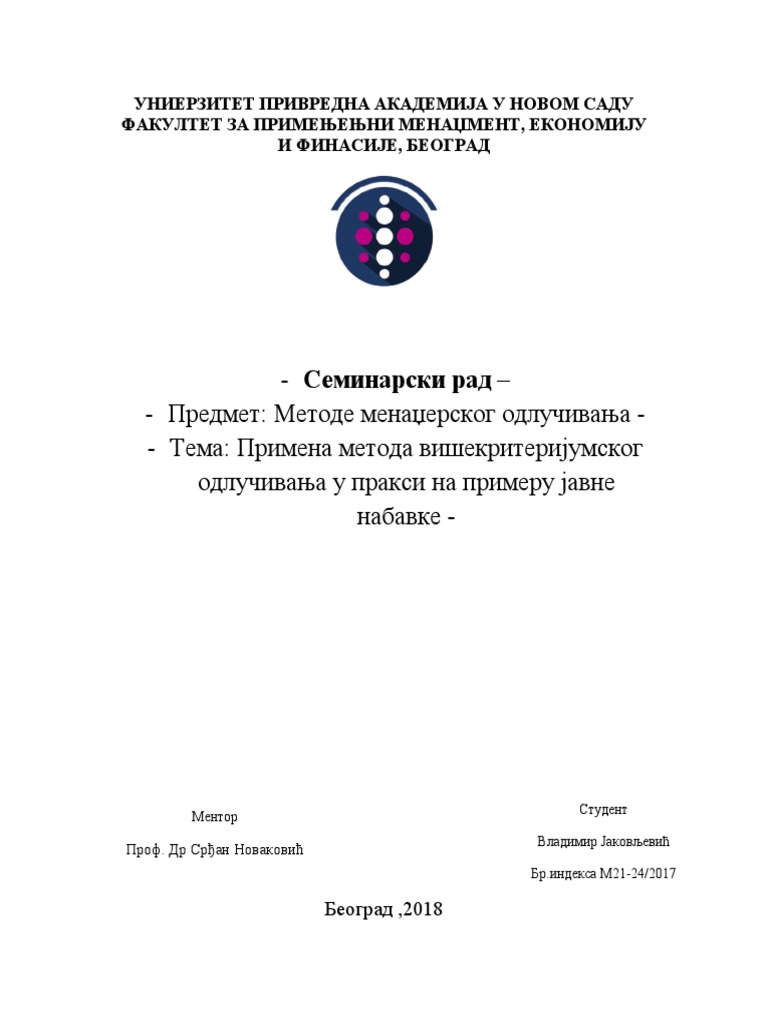 Seminarski Rad - Metode Menadzerskog Odlucivanja - Primena Metoda VKO ...
