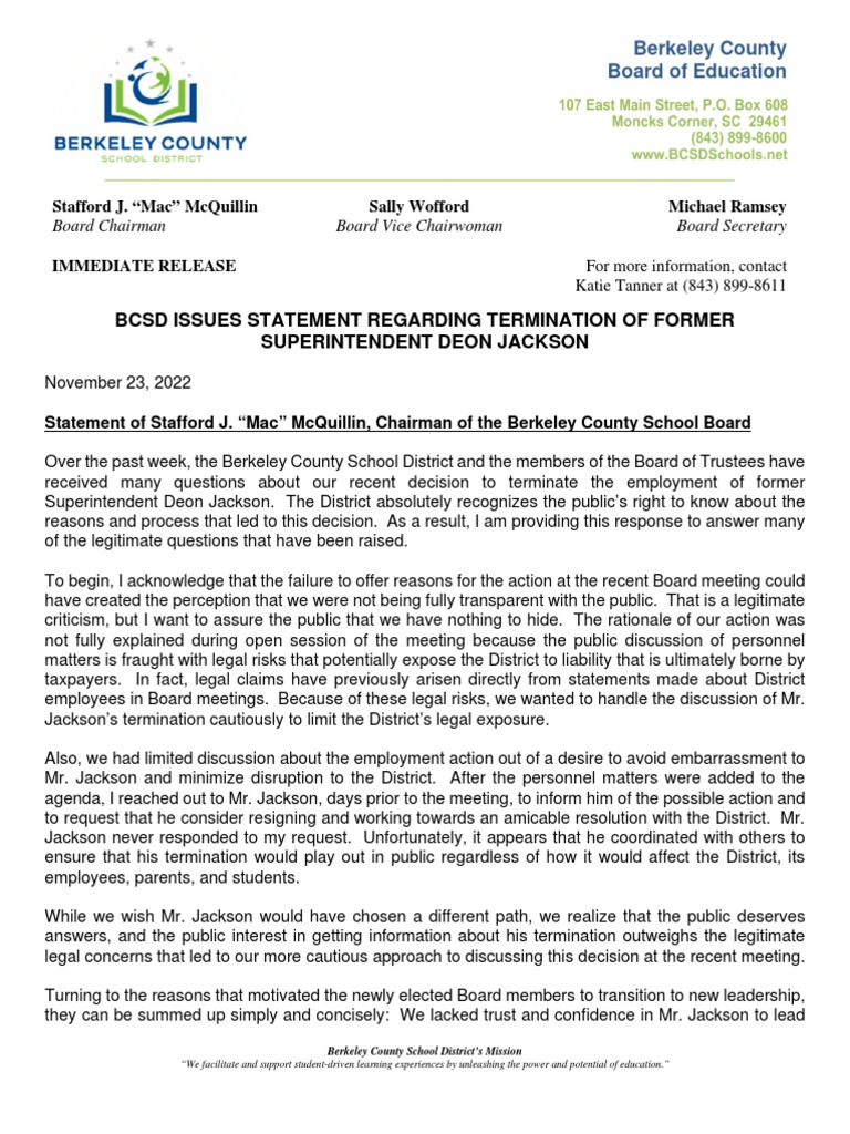BCSD Statement Regarding Termination of Superintendent Deon Jackson ... BCSD Statement Regarding Termination of Superintendent Deon Jackson ...