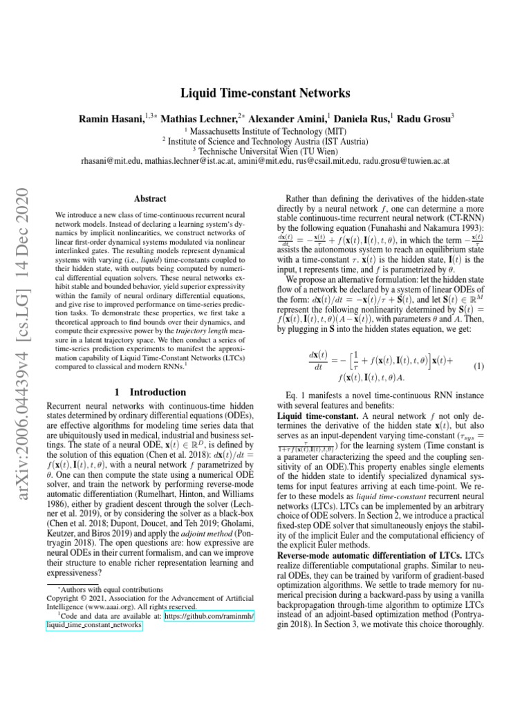 Liquid Time-Constant Networks: Ramin Hasani, Mathias Lechner, Alexander ...