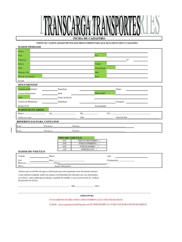 Formulário de Cadastro de Motorista para Transporte de Carga | PDF