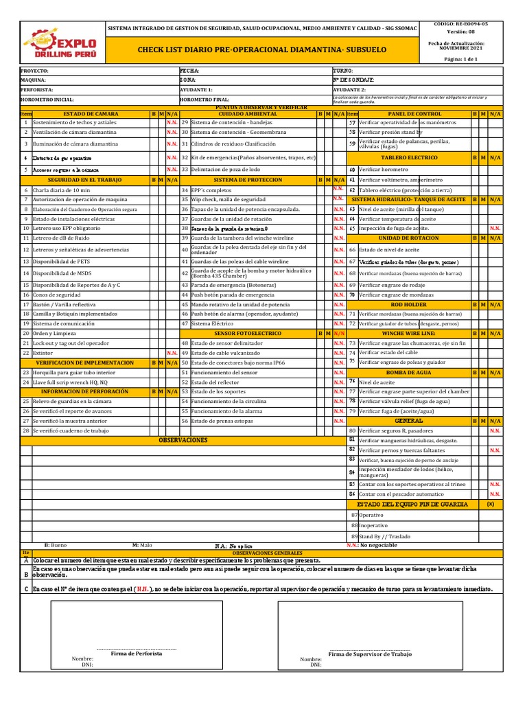 Re-Eo 094-05 Check List de Preoperacion Subsuelo 2022 | PDF | Bienes ...