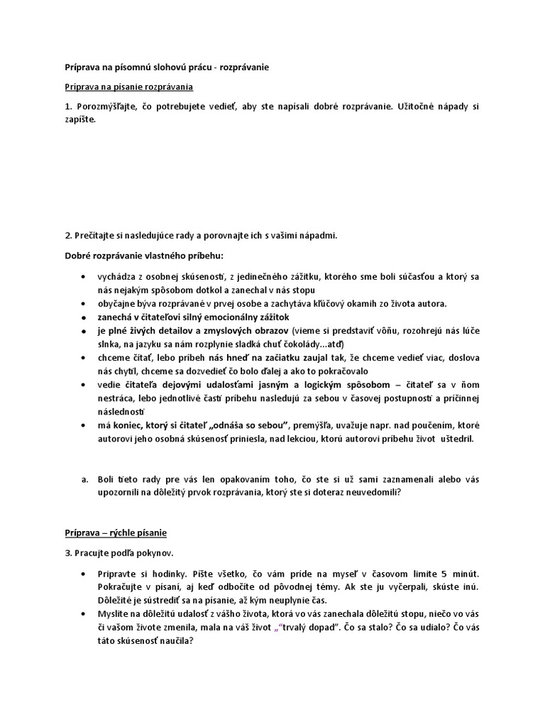 Príprava Na Písomnú Slohovú Prácu - Rozprávanie 2 | PDF