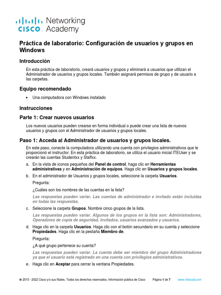 13.3.3.6 Lab - Configure Users and Groups in Windows | PDF