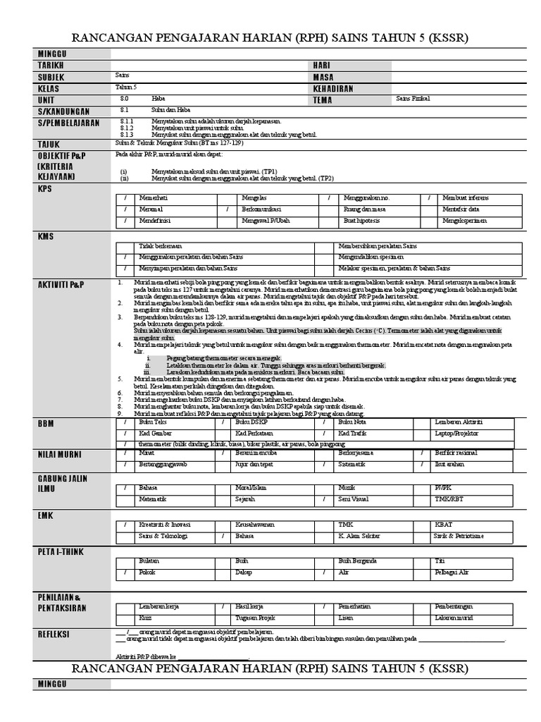 Rancangan Pengajaran Harian (RPH) Sains Tahun 5 (KSSR) | PDF
