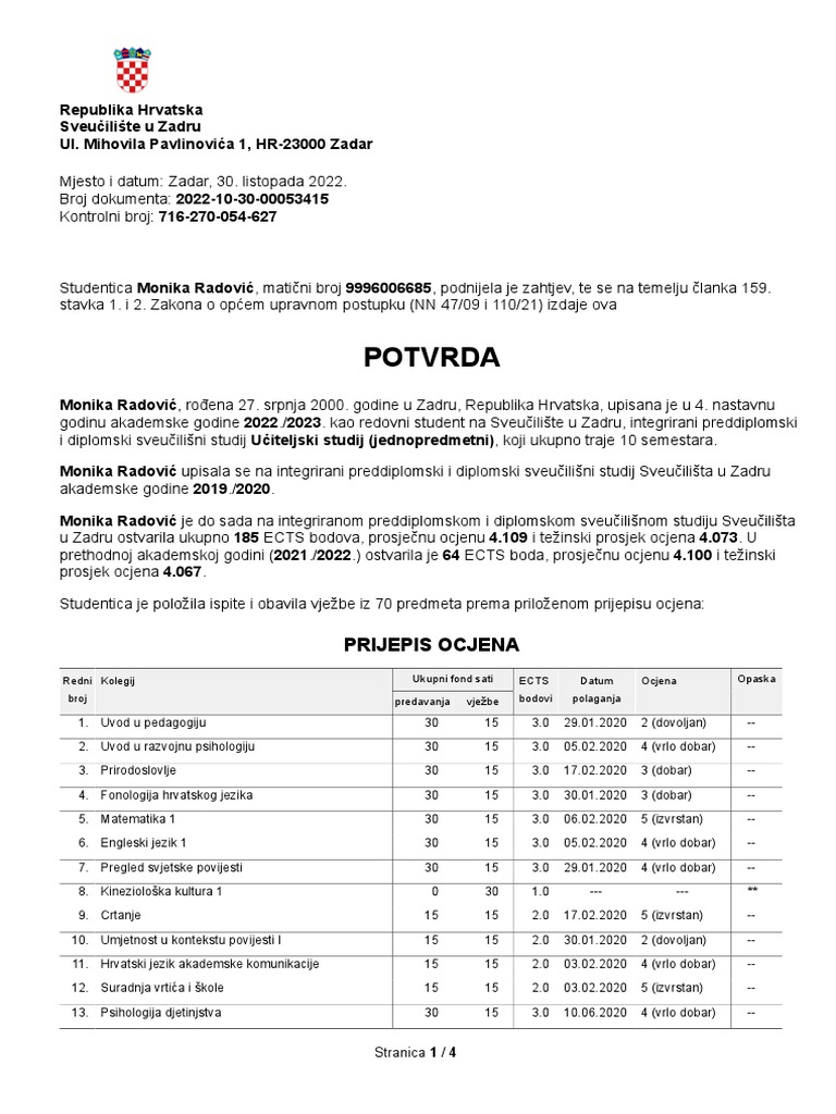 Potvrda o Upisu S Prijepisom Ocjena 53415 | PDF