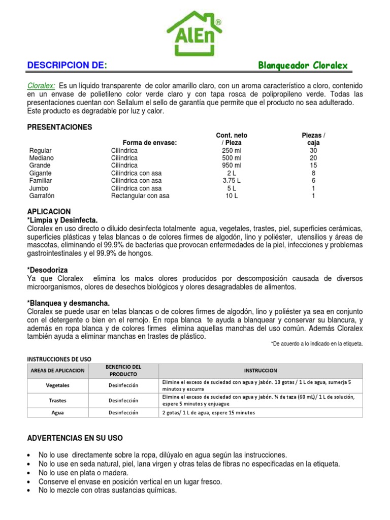 Cloralex Instrucciones de etiqueta Ficha técnica Ago 2019 | PDF | Agua ...