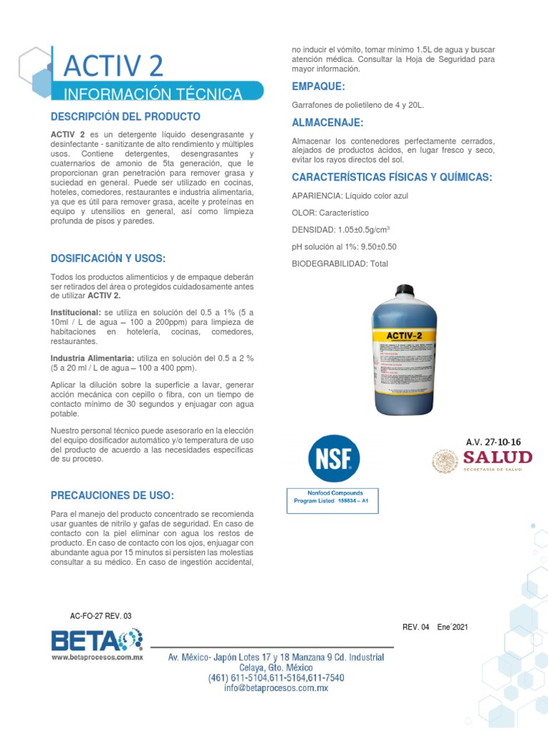Desengrasante y desinfectante ACTIV 2 | PDF | Agua | Química