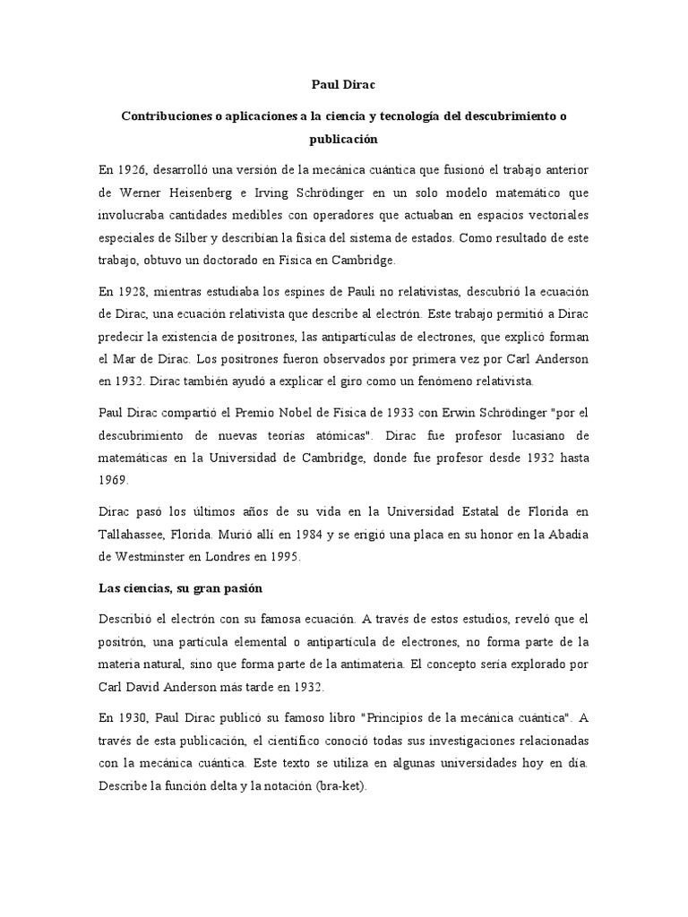 Paul Dirac | PDF | Física teórica | Science