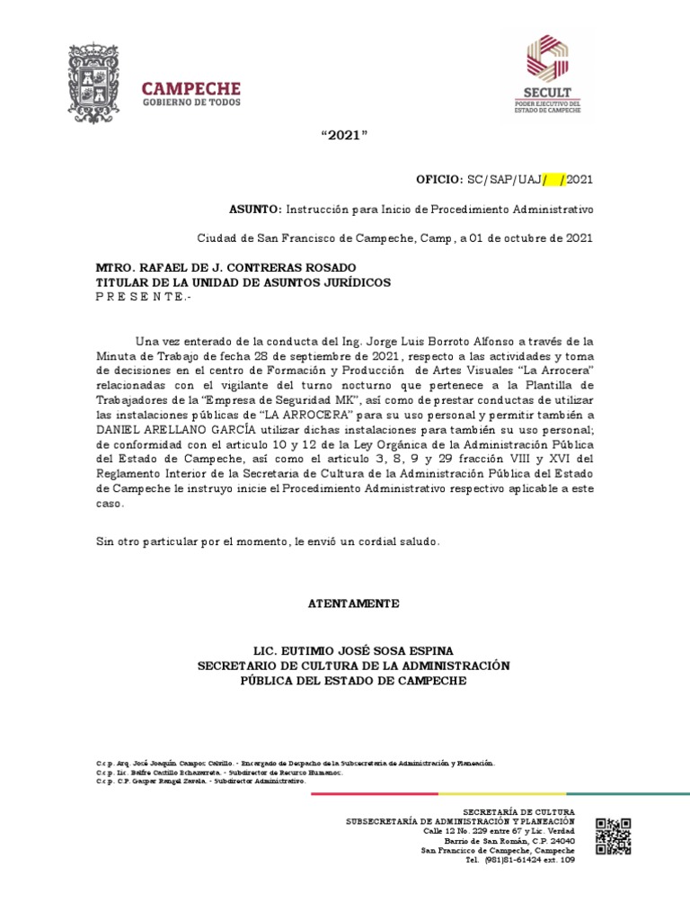 Oficio de Instrucción para Levantar Procedimiento | PDF