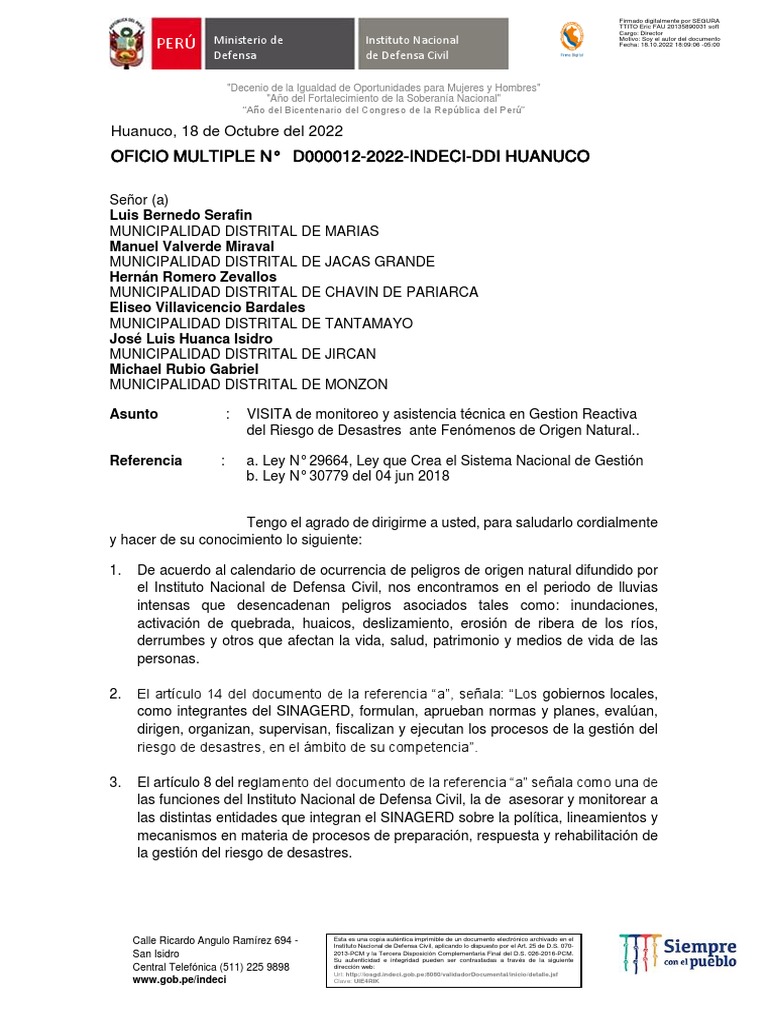 Oficio Mult 00012-2022-DDI HUANUCO | PDF | Defensa Civil | Perú