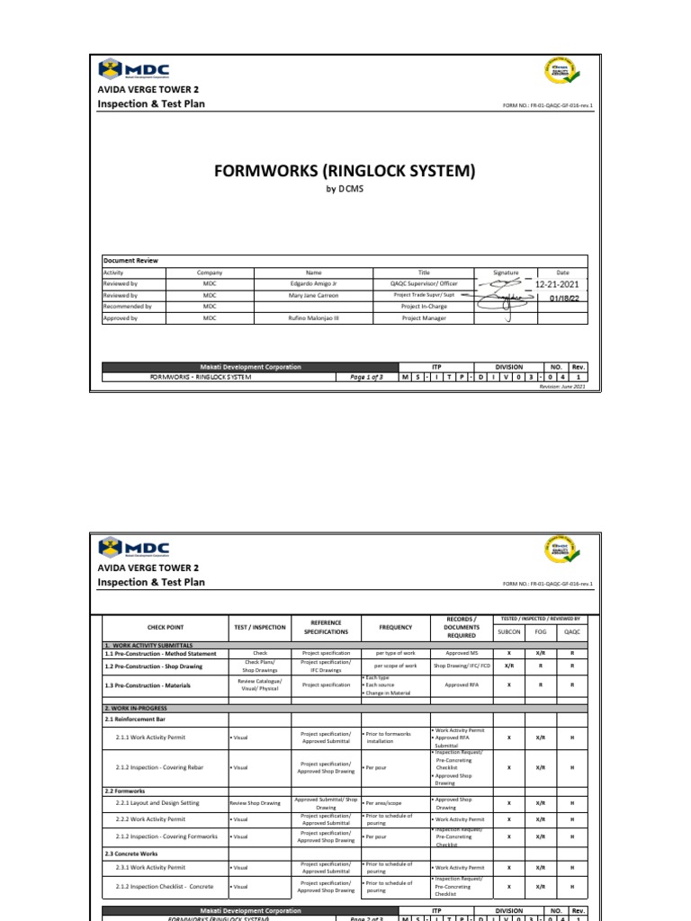 Itp For Formworks (Ringlock System) | PDF | Civil Engineering ...