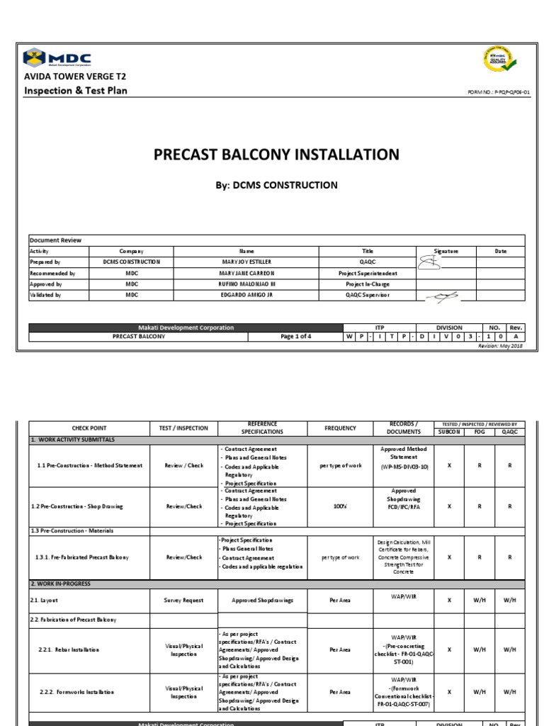 ITP For For Precast Balcony | PDF | Materials | Real Estate