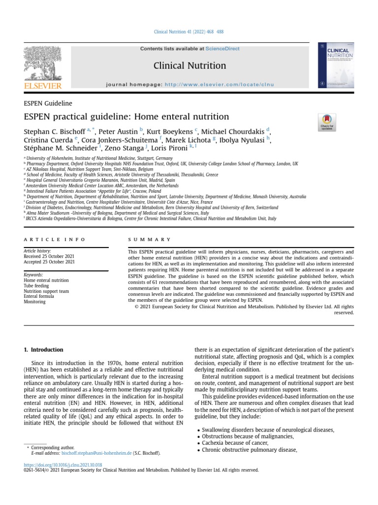 ESPEN Practical Guideline Home Enteral Nutrition | PDF | Infection | Topical Medication