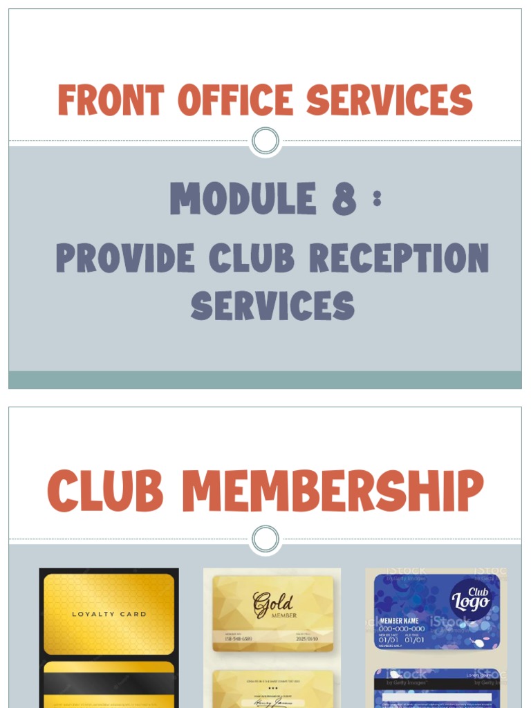 FRONT OFFICE SERVICES (Module 8) Provide Club Reception Services | PDF