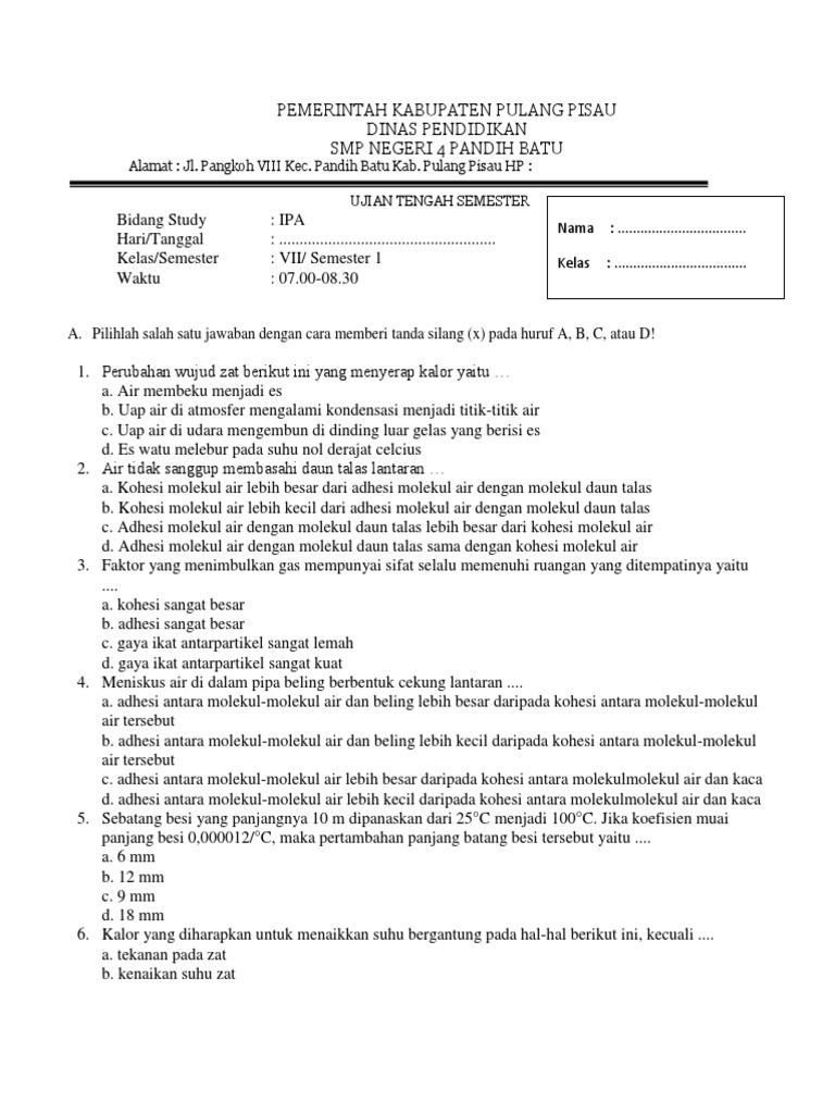 Soal UAS IPA Klas 7 smt1 2022 | PDF