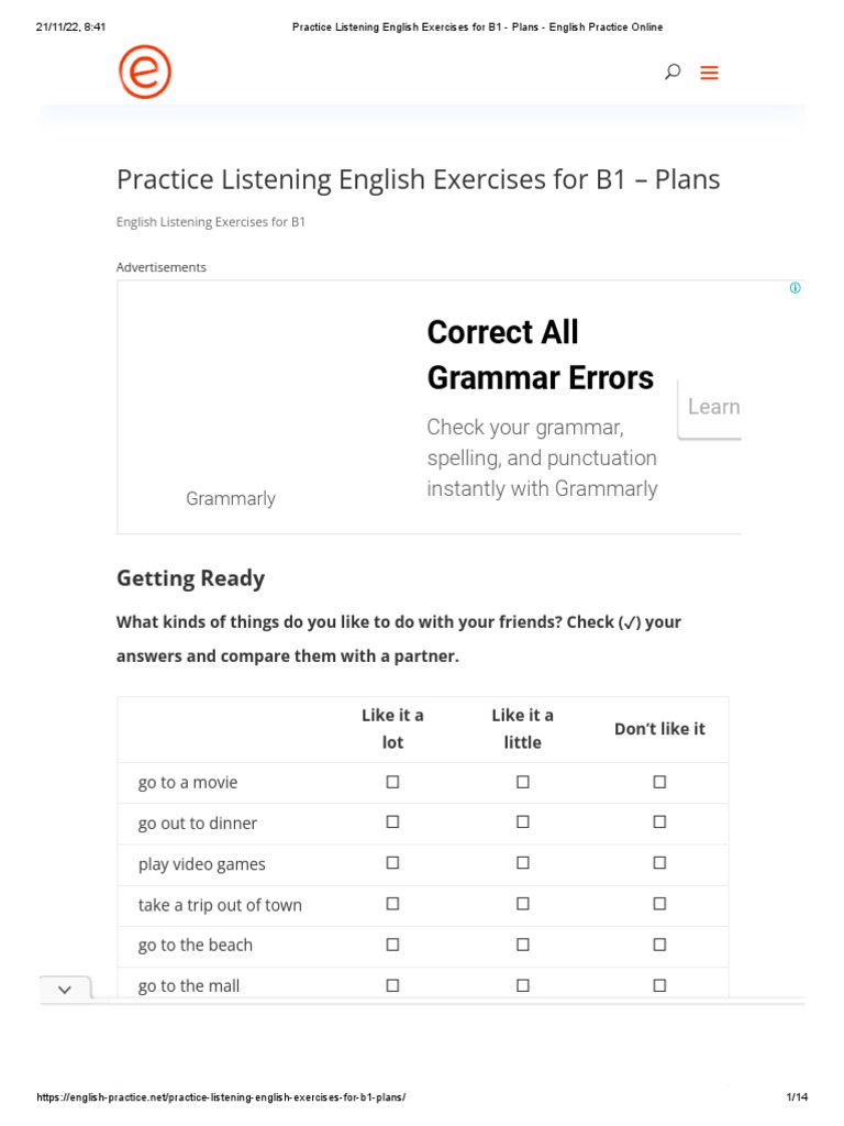 Practice Listening English Exercises For B1 - Plans - English Practice ...