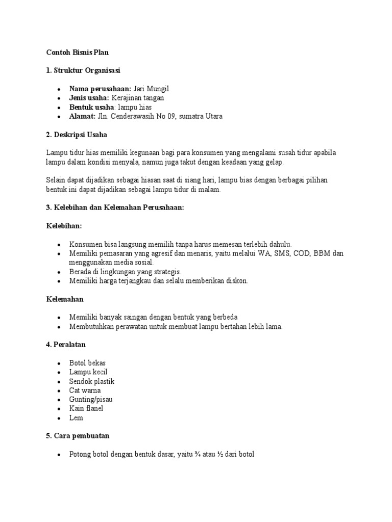 Contoh Bisnis Plan Dan Proposal Usaha | PDF