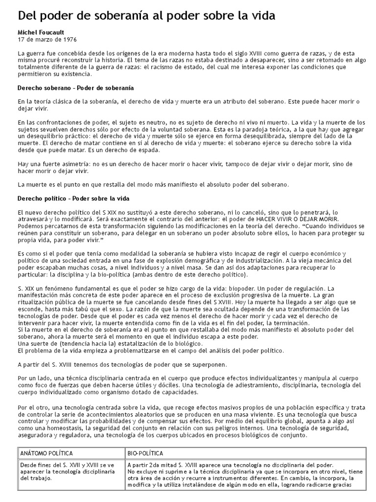 Del Poder de Soberania Al Poder Sobre La Vida | PDF | Política ...