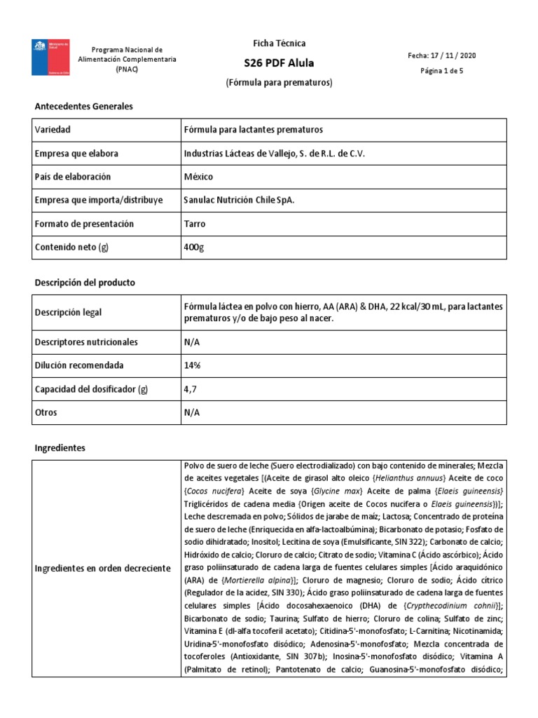 Ficha Tecnica S-26 PDF Alula (Sanulac) | PDF | Leche | Petróleo