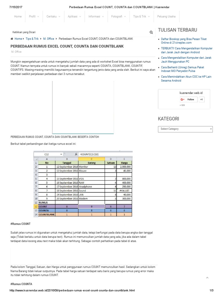 Perbedaan Rumus Excel COUNT, COUNTA Dan COUNTBLANK - Kusnendar | PDF