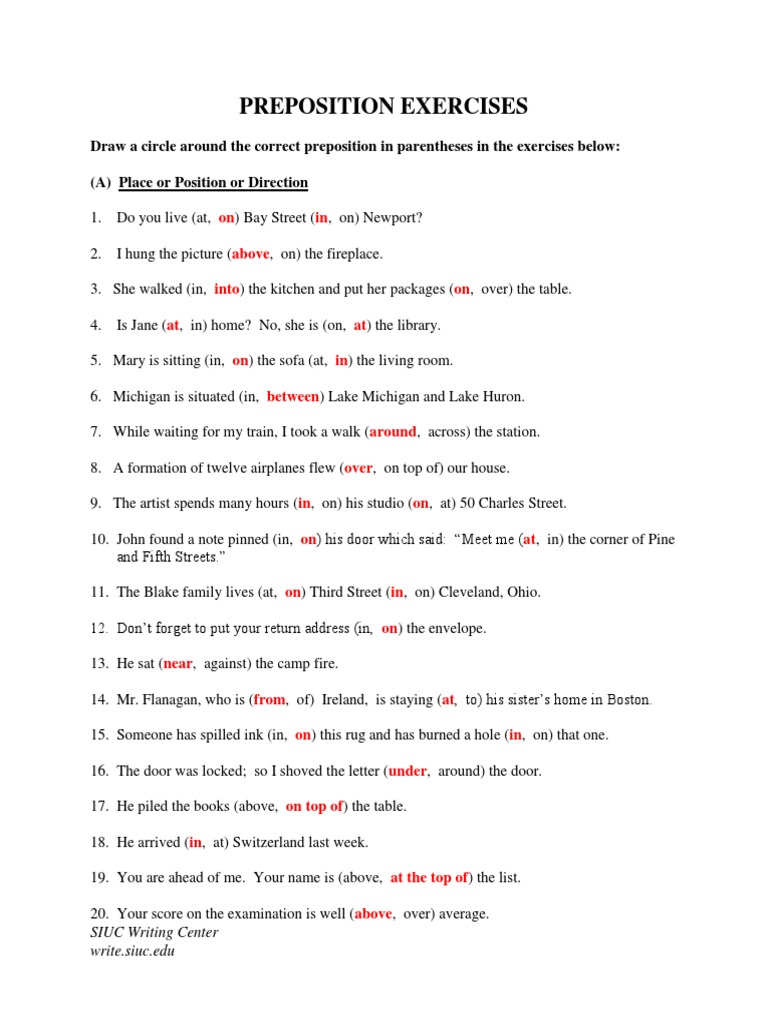 Preposition Exercises Answer Key | PDF