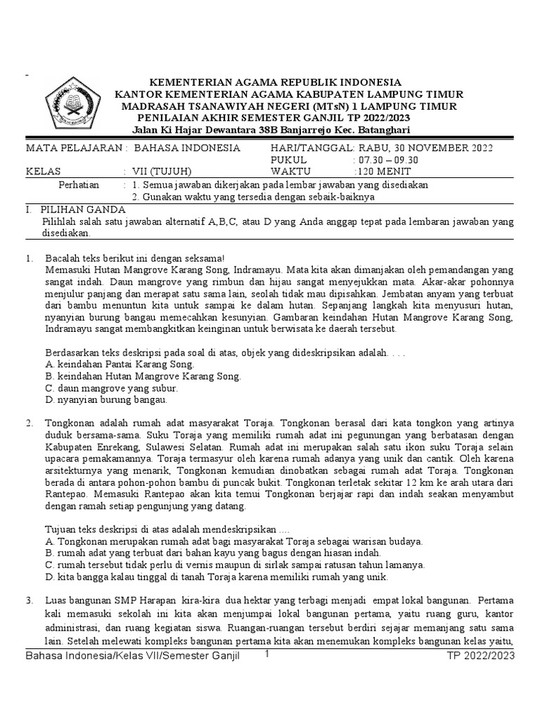 Soal PAS+Kunci JWBN Bhs Indonesia Kls 7 - 1 | PDF