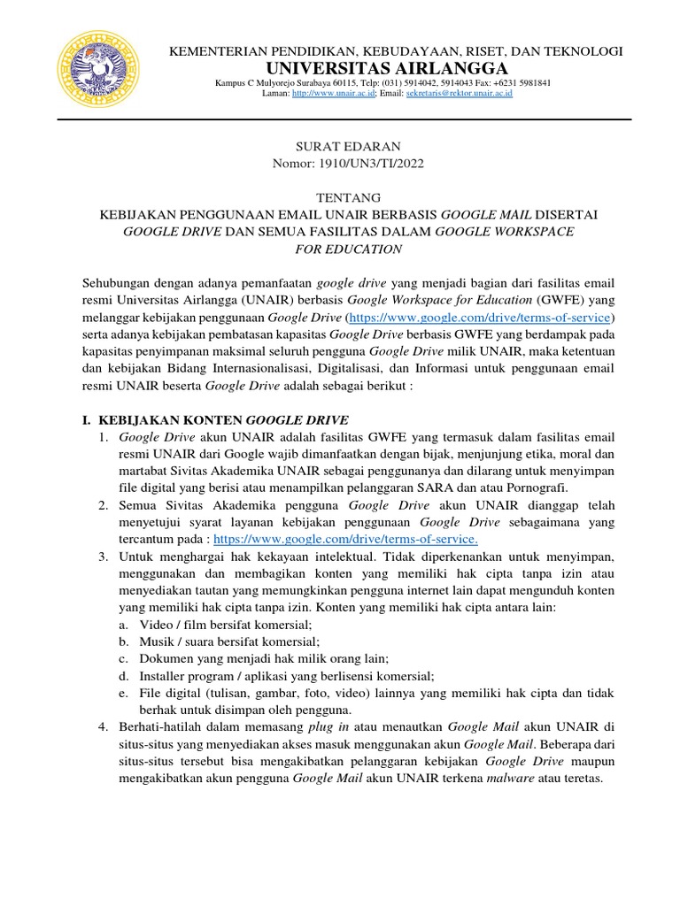 Kebijakan Email dan Google Drive UNAIR | PDF