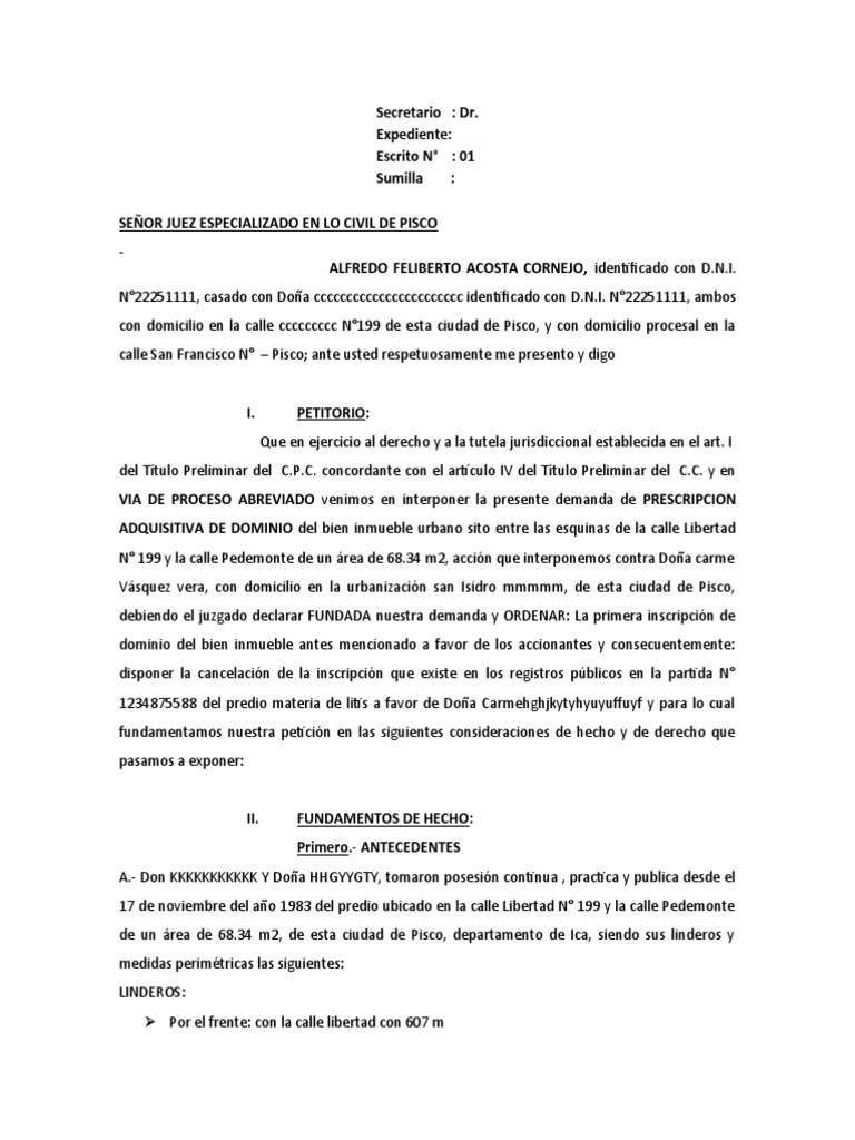 Modelo Prescripción Adquisitiva | PDF | Propiedad | Principios éticos
