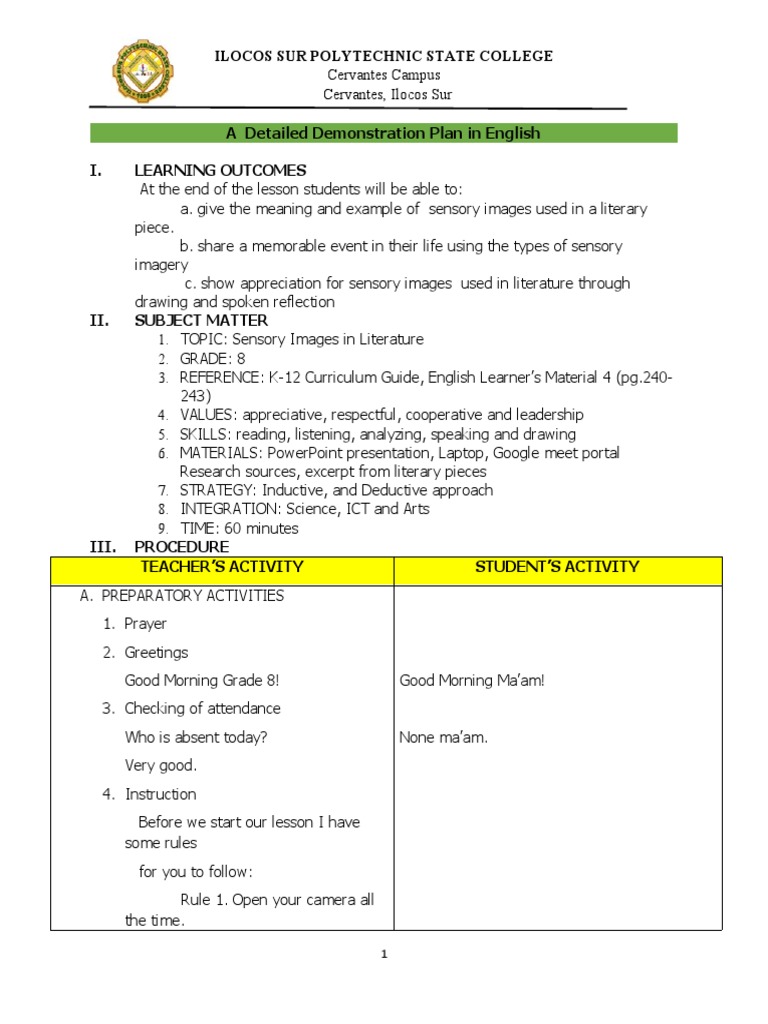Demo Lesson Plan Sensory Images | Download Free PDF | Senses ...