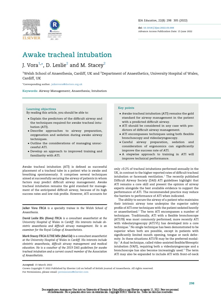Awake Tracheal Intubation 2022 | PDF | Anesthesia | Health Care