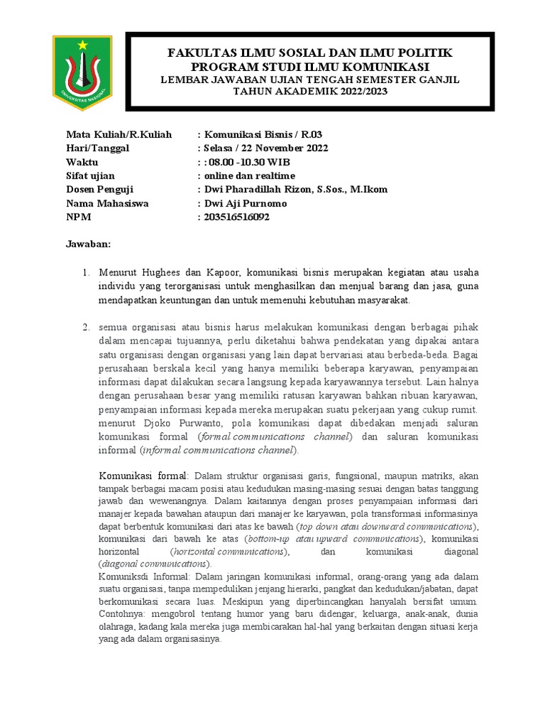 Format Lembar Jawaban UTS Ganjil 2022-2023 | PDF | Karier & Perkembangan | Bisnis