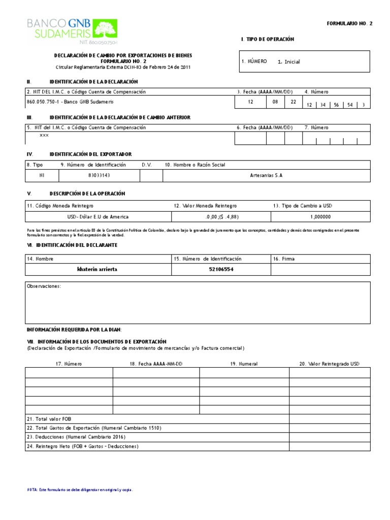 Declaracion de Cambio Por Exportaciones de Bienes Formulario - 2 | PDF