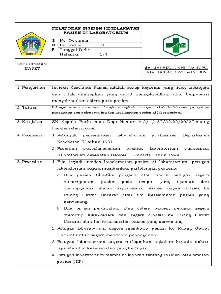 Kel-px-SOP PELAPORAN INSIDEN KESELAMATAN PX DI LAB | PDF