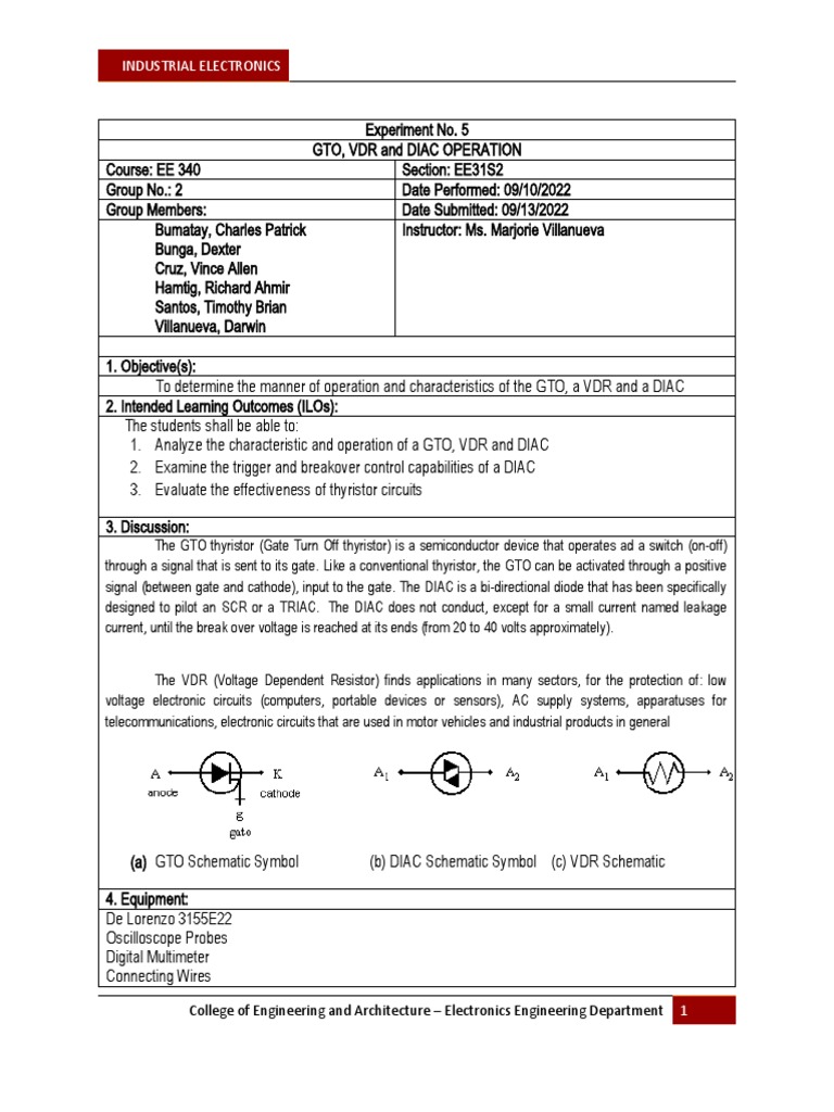 INDUSTRIAL ELECTRONICS GTO DIAC VDR EXPERIMENT | PDF | Bipolar Junction Transistor | Field ...