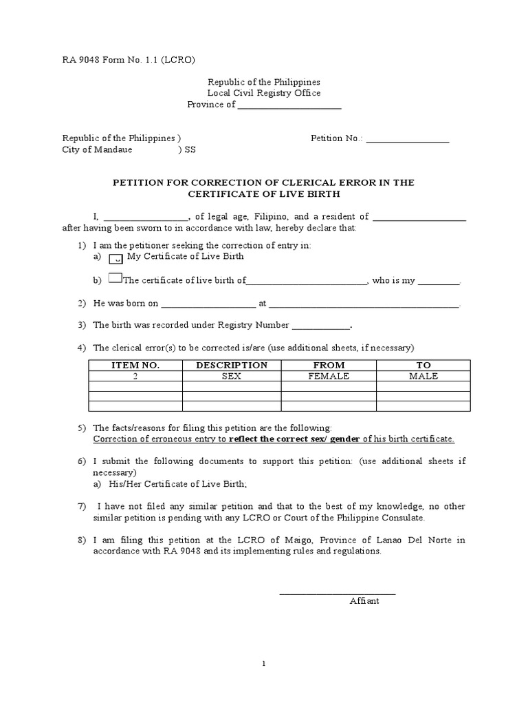 RA 9048 Form No Petition For Change of Entry in Birth Cert | PDF ...