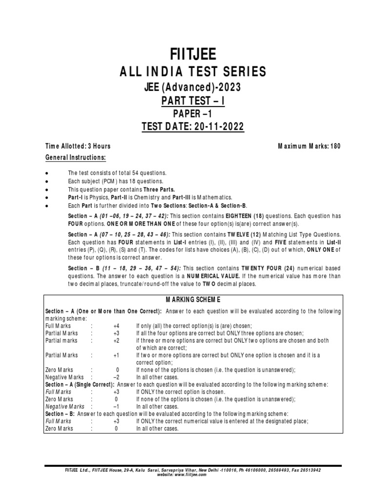 AITS 2223 PT I JEEA TD Paper 1 | PDF